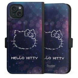 DeinDesign iPhone 15 Plus Handy Klapph&uuml;lle Handyh&uuml;lle aus Kunst Leder schwarz Flip Case Merchandise Hello Kitty Weltall Sideflip mit Lasche