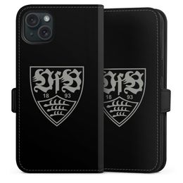 DeinDesign iPhone 15 Plus Handy Klapph&uuml;lle Handyh&uuml;lle aus Kunst Leder schwarz Flip Case Official Licensed Product Vfb Stuttgart Logo Sideflip mit Lasche