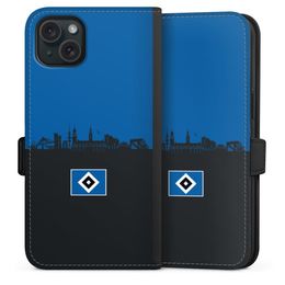 DeinDesign iPhone 15 Plus Handy Klapph&uuml;lle Handyh&uuml;lle aus Kunst Leder schwarz Flip Case Hsv Skyline Hamburg Sideflip mit Lasche