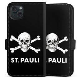 DeinDesign iPhone 15 Plus Handy Klapph&uuml;lle Handyh&uuml;lle aus Kunst Leder schwarz Flip Case Totenkopf Fc St. Pauli Official Licensed Product Sideflip mit Lasche