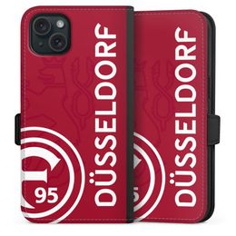 DeinDesign iPhone 15 Plus Handy Klapph&uuml;lle Handyh&uuml;lle aus Kunst Leder schwarz Flip Case Lettering F95 Fortuna D&uuml;sseldorf Sideflip mit Lasche