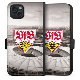 DeinDesign iPhone 15 Plus Handy Klapph&uuml;lle Handyh&uuml;lle aus Kunst Leder schwarz Flip Case Official Licensed Product Vfb Stuttgart Stadium Sideflip mit Lasche