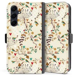 DeinDesign Galaxy A35 5G Handy Klapph&uuml;lle Handyh&uuml;lle aus Kunst Leder schwarz Flip Case Retro Bird Flowers Sideflip mit Lasche