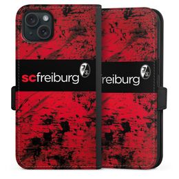 DeinDesign iPhone 15 Plus Handy Klapph&uuml;lle Handyh&uuml;lle aus Kunst Leder schwarz Flip Case Official Licensed Product Sc Freiburg Logo Sideflip mit Lasche