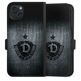 DeinDesign iPhone 15 Plus Handy Klapph&uuml;lle Handyh&uuml;lle aus Kunst Leder schwarz Flip Case Sg Dynamo Dresden Official Licensed Product Vintage Sideflip mit Lasche