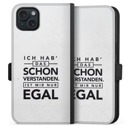 DeinDesign iPhone 15 Plus Handy Klapph&uuml;lle Handyh&uuml;lle aus Kunst Leder schwarz Flip Case Spruch Sayings Statement Sideflip mit Lasche
