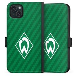 DeinDesign iPhone 15 Plus Handy Klapph&uuml;lle Handyh&uuml;lle aus Kunst Leder schwarz Flip Case Carbon Official Licensed Product Sv Werder Bremen Sideflip mit Lasche