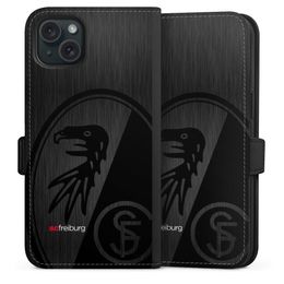DeinDesign iPhone 15 Plus Handy Klapph&uuml;lle Handyh&uuml;lle aus Kunst Leder schwarz Flip Case Sc Freiburg Metallic Look Official Licensed Product Sideflip mit Lasche