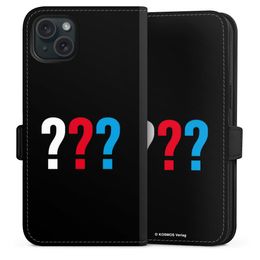 DeinDesign iPhone 15 Plus Handy Klapph&uuml;lle Handyh&uuml;lle aus Kunst Leder schwarz Flip Case Official Licensed Product Die Drei ??? Logo Sideflip mit Lasche