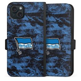 DeinDesign iPhone 15 Plus Handy Klapph&uuml;lle Handyh&uuml;lle aus Kunst Leder schwarz Flip Case Flag Hertha Bsc Logo Sideflip mit Lasche