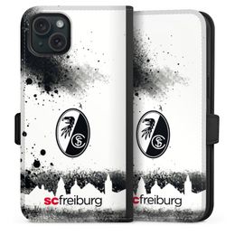 DeinDesign iPhone 15 Plus Handy Klapph&uuml;lle Handyh&uuml;lle aus Kunst Leder schwarz Flip Case Skyline Sc Freiburg Logo Sideflip mit Lasche
