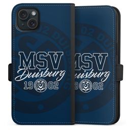 DeinDesign iPhone 15 Plus Handy Klapph&uuml;lle Handyh&uuml;lle aus Kunst Leder schwarz Flip Case Soccer Merchandise Msv Duisburg Sideflip mit Lasche