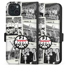 DeinDesign iPhone 15 Plus Handy Klapph&uuml;lle Handyh&uuml;lle aus Kunst Leder schwarz Flip Case Retro Official Licensed Product Eintracht Frankfurt Sideflip mit Lasche