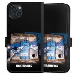 DeinDesign iPhone 15 Plus Handy Klapph&uuml;lle Handyh&uuml;lle aus Kunst Leder schwarz Flip Case Hertha Bsc Wall Official Licensed Product Sideflip mit Lasche