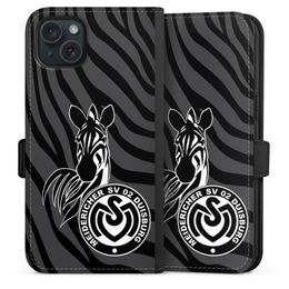 DeinDesign iPhone 15 Plus Handy Klapph&uuml;lle Handyh&uuml;lle aus Kunst Leder schwarz Flip Case Zebra Msv Duisburg Muster Sideflip mit Lasche