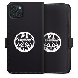 DeinDesign iPhone 15 Plus Handy Klapph&uuml;lle Handyh&uuml;lle aus Kunst Leder schwarz Flip Case Logo Eintracht Frankfurt Eagle Sideflip mit Lasche