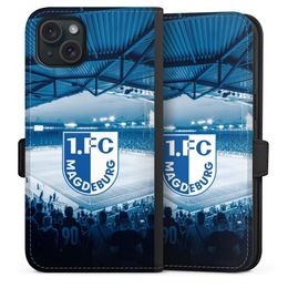 DeinDesign iPhone 15 Plus Handy Klapph&uuml;lle Handyh&uuml;lle aus Kunst Leder schwarz Flip Case Stadium 1. Fcm 1. Fc Magdeburg Sideflip mit Lasche
