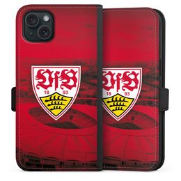 DeinDesign iPhone 15 Plus Handy Klapph&uuml;lle Handyh&uuml;lle aus Kunst Leder schwarz Flip Case Vfb Stuttgart Official Licensed Product Stadium Sideflip mit Lasche