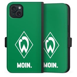 DeinDesign iPhone 15 Plus Handy Klapph&uuml;lle Handyh&uuml;lle aus Kunst Leder schwarz Flip Case Moin Official Licensed Product Sv Werder Bremen Sideflip mit Lasche