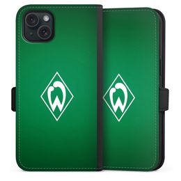 DeinDesign iPhone 15 Plus Handy Klapph&uuml;lle Handyh&uuml;lle aus Kunst Leder schwarz Flip Case Merchandise Sv Werder Bremen Logo Sideflip mit Lasche