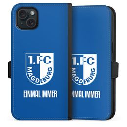 DeinDesign iPhone 15 Plus Handy Klapph&uuml;lle Handyh&uuml;lle aus Kunst Leder schwarz Flip Case Coat Of Arms Official Licensed Product 1. Fc Magdeburg Sideflip mit 