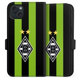 DeinDesign iPhone 15 Plus Handy Klapph&uuml;lle Handyh&uuml;lle aus Kunst Leder schwarz Flip Case Stripes Borussia M&ouml;nchengladbach Gladbach Sideflip mit Lasche