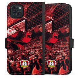 DeinDesign iPhone 15 Plus Handy Klapph&uuml;lle Handyh&uuml;lle aus Kunst Leder schwarz Flip Case Merchandise Official Licensed Product Bayer 04 Leverkusen Sideflip mit 