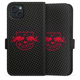 DeinDesign iPhone 15 Plus Handy Klapph&uuml;lle Handyh&uuml;lle aus Kunst Leder schwarz Flip Case Rb Leipzig Official Licensed Product Carbon Sideflip mit Lasche