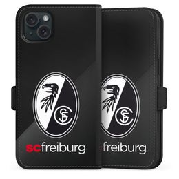 DeinDesign iPhone 15 Plus Handy Klapph&uuml;lle Handyh&uuml;lle aus Kunst Leder schwarz Flip Case Sc Freiburg Lettering Logo Sideflip mit Lasche