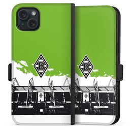 DeinDesign iPhone 15 Plus Handy Klapph&uuml;lle Handyh&uuml;lle aus Kunst Leder schwarz Flip Case Merchandise Borussia M&ouml;nchengladbach Stadium Sideflip mit Lasche