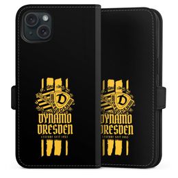 DeinDesign iPhone 15 Plus Handy Klapph&uuml;lle Handyh&uuml;lle aus Kunst Leder schwarz Flip Case Sg Dynamo Dresden Statement Sgd Sideflip mit Lasche