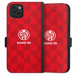 DeinDesign iPhone 15 Plus Handy Klapph&uuml;lle Handyh&uuml;lle aus Kunst Leder schwarz Flip Case Mainz 05 Official Licensed Product Merchandise Sideflip mit Lasche