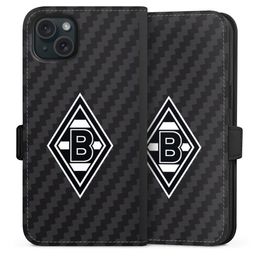 DeinDesign iPhone 15 Plus Handy Klapph&uuml;lle Handyh&uuml;lle aus Kunst Leder schwarz Flip Case Borussia M&ouml;nchengladbach Carbon Gladbach Sideflip mit Lasche