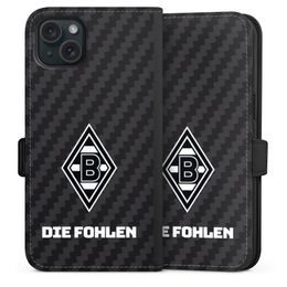 DeinDesign iPhone 15 Plus Handy Klapph&uuml;lle Handyh&uuml;lle aus Kunst Leder schwarz Flip Case Borussia M&ouml;nchengladbach Carbon Gladbach Sideflip mit Lasche