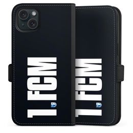 DeinDesign iPhone 15 Plus Handy Klapph&uuml;lle Handyh&uuml;lle aus Kunst Leder schwarz Flip Case 1. Fcm 1. Fc Magdeburg Official Licensed Product Sideflip mit Lasche