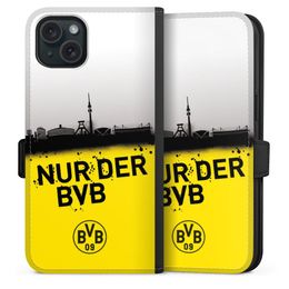 DeinDesign iPhone 15 Plus Handy Klapph&uuml;lle Handyh&uuml;lle aus Kunst Leder schwarz Flip Case Borussia Dortmund Statement Bvb Sideflip mit Lasche