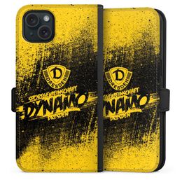 DeinDesign iPhone 15 Plus Handy Klapph&uuml;lle Handyh&uuml;lle aus Kunst Leder schwarz Flip Case Logo Official Licensed Product Sg Dynamo Dresden Sideflip mit Lasche