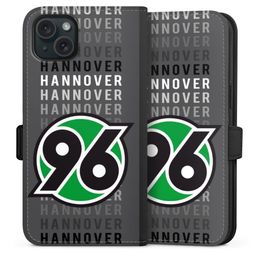 DeinDesign iPhone 15 Plus Handy Klapph&uuml;lle Handyh&uuml;lle aus Kunst Leder schwarz Flip Case H96 Hannover 96 Official Licensed Product Sideflip mit Lasche
