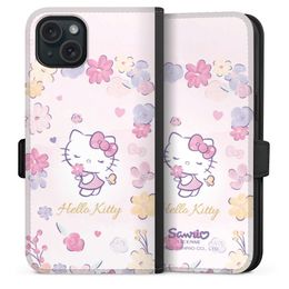 DeinDesign iPhone 15 Plus Handy Klapph&uuml;lle Handyh&uuml;lle aus Kunst Leder schwarz Flip Case Water Colour Hello Kitty Merchandise Sideflip mit Lasche