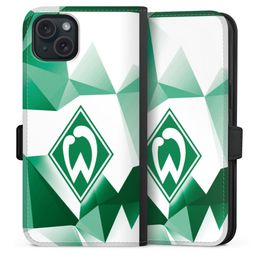 DeinDesign iPhone 15 Plus Handy Klapph&uuml;lle Handyh&uuml;lle aus Kunst Leder schwarz Flip Case Tarnmuster Sv Werder Bremen Official Licensed Product Sideflip mit Lasche