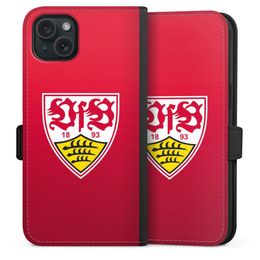 DeinDesign iPhone 15 Plus Handy Klapph&uuml;lle Handyh&uuml;lle aus Kunst Leder schwarz Flip Case Logo Official Licensed Product Vfb Stuttgart Sideflip mit Lasche