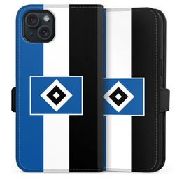 DeinDesign iPhone 15 Plus Handy Klapph&uuml;lle Handyh&uuml;lle aus Kunst Leder schwarz Flip Case Stripes Hamburger Sv Hsv Sideflip mit Lasche