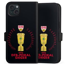 DeinDesign iPhone 15 Plus Handy Klapph&uuml;lle Handyh&uuml;lle aus Kunst Leder schwarz Flip Case Trophy Official Licensed Product Vfb Stuttgart Sideflip mit Lasche