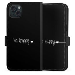 DeinDesign iPhone 15 Plus Handy Klapph&uuml;lle Handyh&uuml;lle aus Kunst Leder schwarz Flip Case Sayings Happiness Statement Sideflip mit Lasche