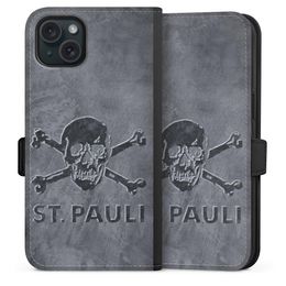 DeinDesign iPhone 15 Plus Handy Klapph&uuml;lle Handyh&uuml;lle aus Kunst Leder schwarz Flip Case Logo Fc St. Pauli Concrete Sideflip mit Lasche