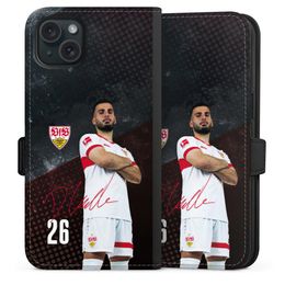 DeinDesign iPhone 15 Plus Handy Klapph&uuml;lle Handyh&uuml;lle aus Kunst Leder schwarz Flip Case Official Licensed Product Deniz Undav Vfb Stuttgart Sideflip mit Lasche