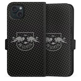 DeinDesign iPhone 15 Plus Handy Klapph&uuml;lle Handyh&uuml;lle aus Kunst Leder schwarz Flip Case Rb Leipzig Carbon Metallic Look Sideflip mit Lasche
