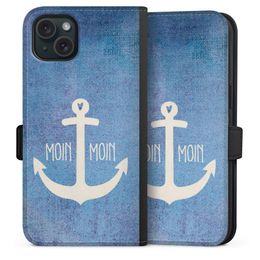 DeinDesign iPhone 15 Plus Handy Klapph&uuml;lle Handyh&uuml;lle aus Kunst Leder schwarz Flip Case Anchor Maritim Blue Sideflip mit Lasche