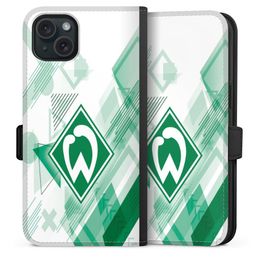 DeinDesign iPhone 15 Plus Handy Klapph&uuml;lle Handyh&uuml;lle aus Kunst Leder schwarz Flip Case Official Licensed Product Sv Werder Bremen Muster Sideflip mit Lasche