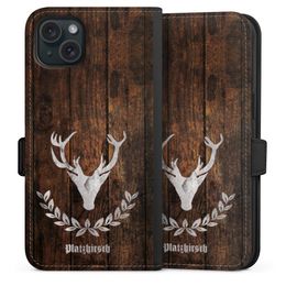 DeinDesign iPhone 15 Plus Handy Klapph&uuml;lle Handyh&uuml;lle aus Kunst Leder schwarz Flip Case Wooden Look Deer Wood Sideflip mit Lasche